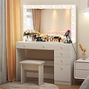 VOWNER Vanity with Lights - 43" Makeup Vanity Desk with Power Outlet, 5 Drawers and 1 Cabinet, 3 Color Lighting Modes with Adjustable Brightness,Makeup Desk with Stool for Women Girls, White