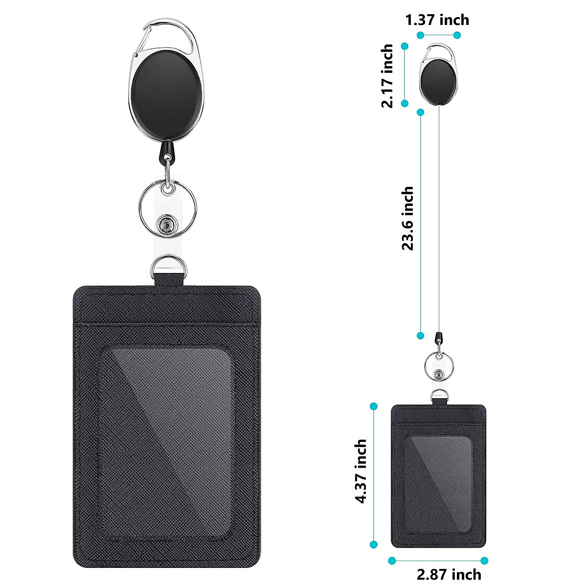 2 Pack Badge Holders and Heavy Duty Retractable Reel Clips Set, Vertical Leather ID Badge Holders with 1 Clear ID Window & 2 Credit Card Slots (Black-2pcs)')