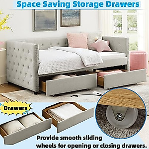 Linuque Upholstered Twin Size Daybed with Two Storage Drawers, Wood Linen Fabric Sofa Bed Frame with Button Tufted Armrest and Nailhead Trimming on Square Arms, Beige