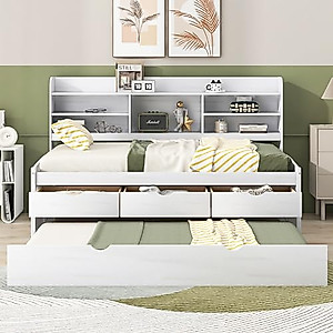 SIYSNKSI Twin Size Captain Bed with 3 Storage Drawers and Trundle, Versatility Wooden Daybed Sofa Bed with Built-in Bookshelves for Living Room Bedroom Office Guest Room, No Box Spring Needed