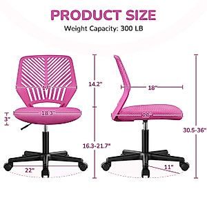 Yaheetech Students Cute Desk Chair Low-Back Armless Study Chair w/Lumbar Support Adjustable Swivel Chair in Home Bedroom School, Rose Red