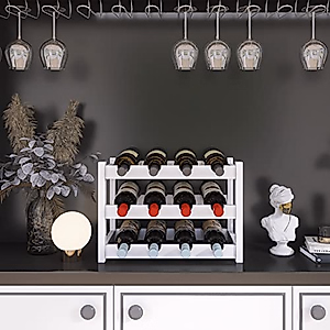 SMIBUY Bamboo Wine Rack, 12 Bottles Display Holder, 3-Tier Free Standing Storage Shelves for Kitchen, Pantry, Cellar, Bar (White)