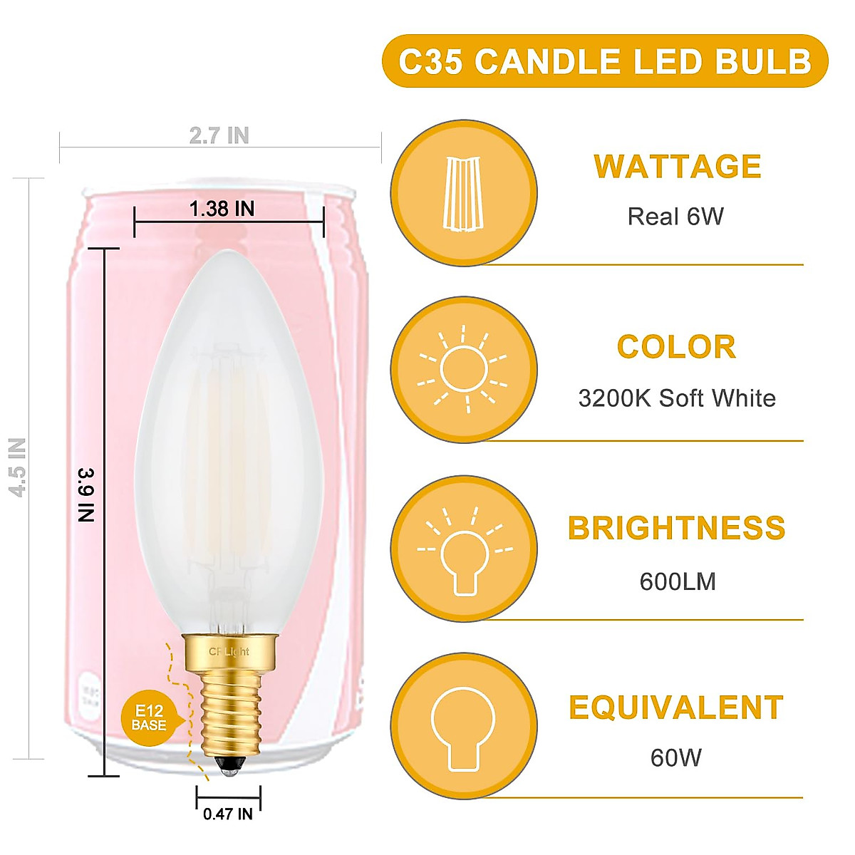 CRLight 6W Dimmable LED Candelabra Bulb 3200K Soft White, 60W Equivalent 600LM, E12 Base LED Filament Light Bulbs, Antique Edison B11 Candle Frosted Glass Chandelier Bulbs, Pack of 8