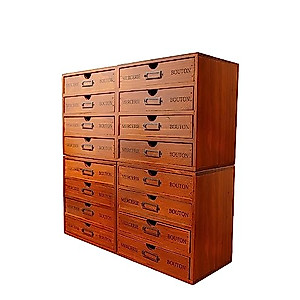 16-Drawer Wooden Storage Box (19.6”x6.89”x19.6”) VIntage Filing Cabinet in Walnut Wood - 16-Slot Wooden Desk Drawer Unit w/Label Holders & Handles - Multi Level Countertop Drawer Organizer