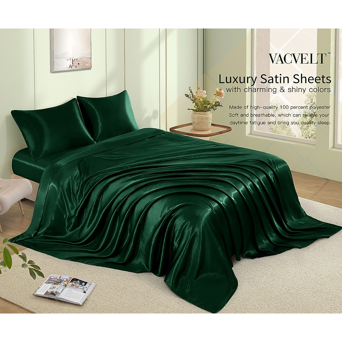VACVELT 3pcs Emerald Green Satin Sheets Twin Size Bed Set, 15 Inch Deep Pocket Silky Satin Sheet Set, Soft Satin Bedding Set Cooling & Luxury Bed Sheets, 1 Fitted Sheet + 1 Flat Sheet + 1 Pillowcase