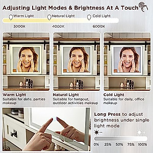 T4TREAM Farmhouse Makeup Vanity Desk with Sliding Mirror and Lights, 42'' Glass Tabletop Vanity Table with 2 Drawers & Shelves, Rustic Big Vanity Set for Bedroom, Stool Included, Antique White