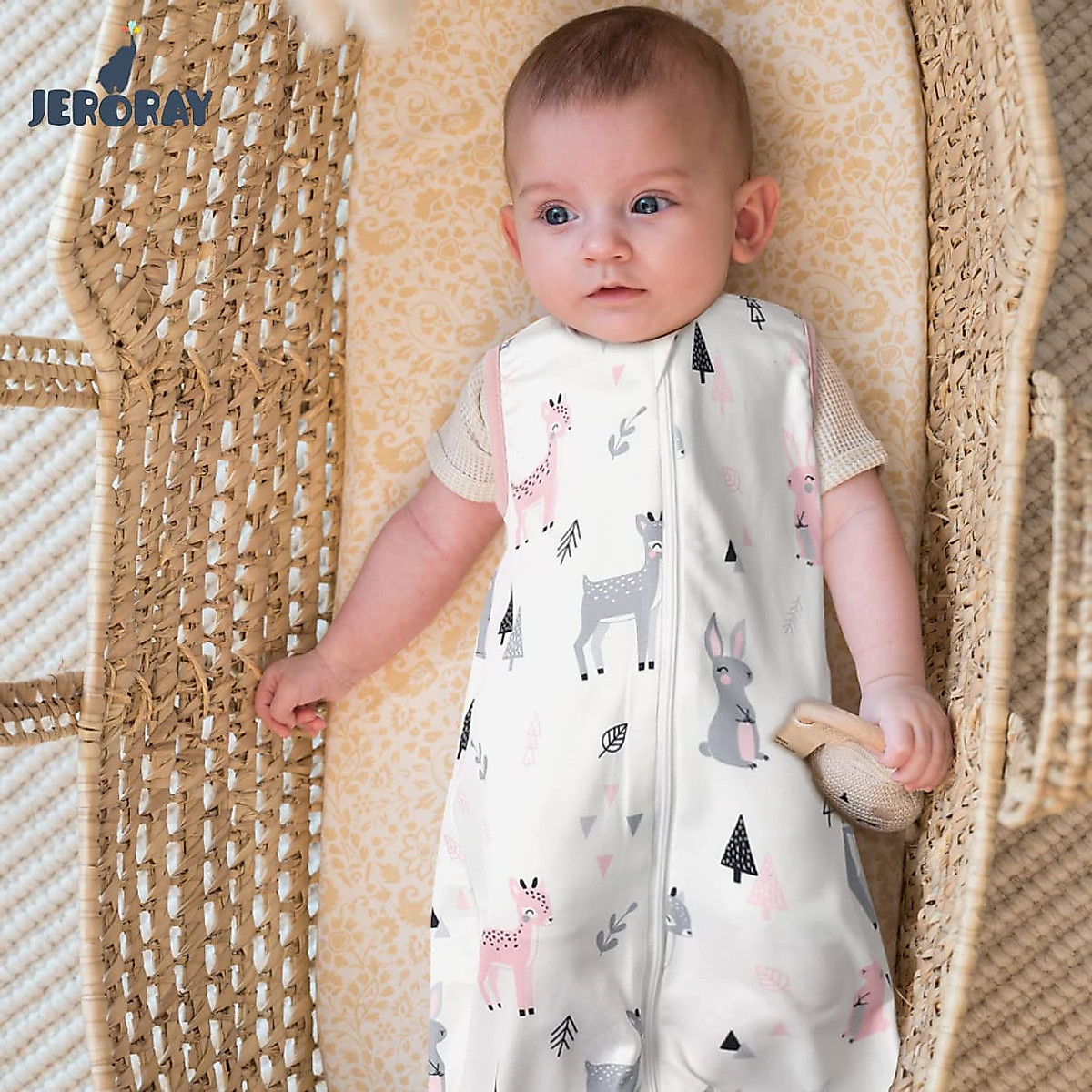 Jeroray Wearable Blanket-Stretchy Sleeping Bag,(0-6 Months) TOG 1.0,2-Pack,2 Way Zipper,Unisex,Deer&Solid Pink,Large