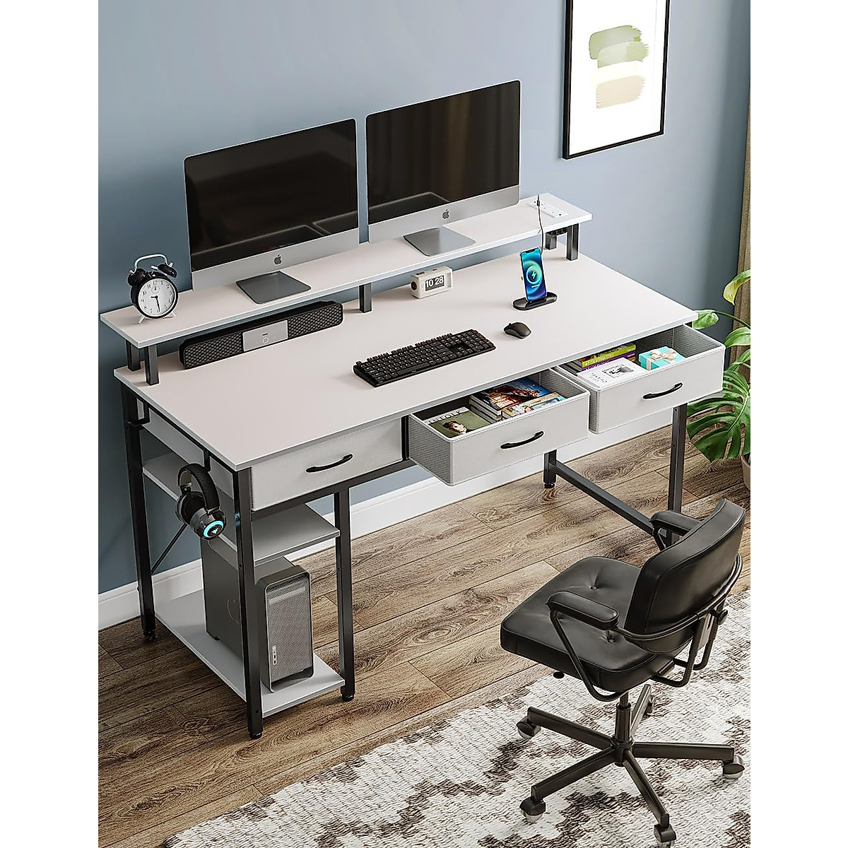 Rolanstar Computer Desk with Power Outlets & LED Light, 55 inch Home Office Desk with Drawers and Storage Shelves, Writing Desk with Monitor Stand, Modern Work Study Desk for Home Office, White