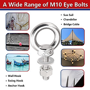 Lifting Shoulder Eye Bolts, Ekunbuy Screw Bolt 304 Stainless Steel Heavy Duty Lifting Ring Threaded Eyebolts with Washers and Nuts for Indoor Outdoor