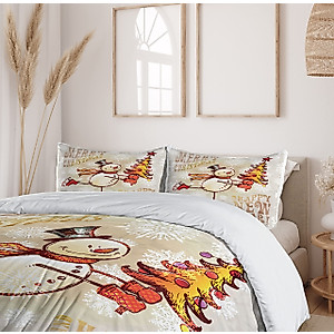 Ambesonne Christmas Duvet Cover Set, Skating Happy Snowman Xmas Tree Cheerful Hand Drawn Ornate Snowflakes, Decorative 3 Piece Bedding Set with 2 Pillow Shams, Queen Size, Beige White