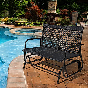 Sundale Outdoor Wicker Porch Glider Rocker Chair, Outdoor 2 Person Glider, Garden Bench Loveseat Sofa Couch for Patio, Outside, Poolside - Black, Metal, 350 Lbs Capacity