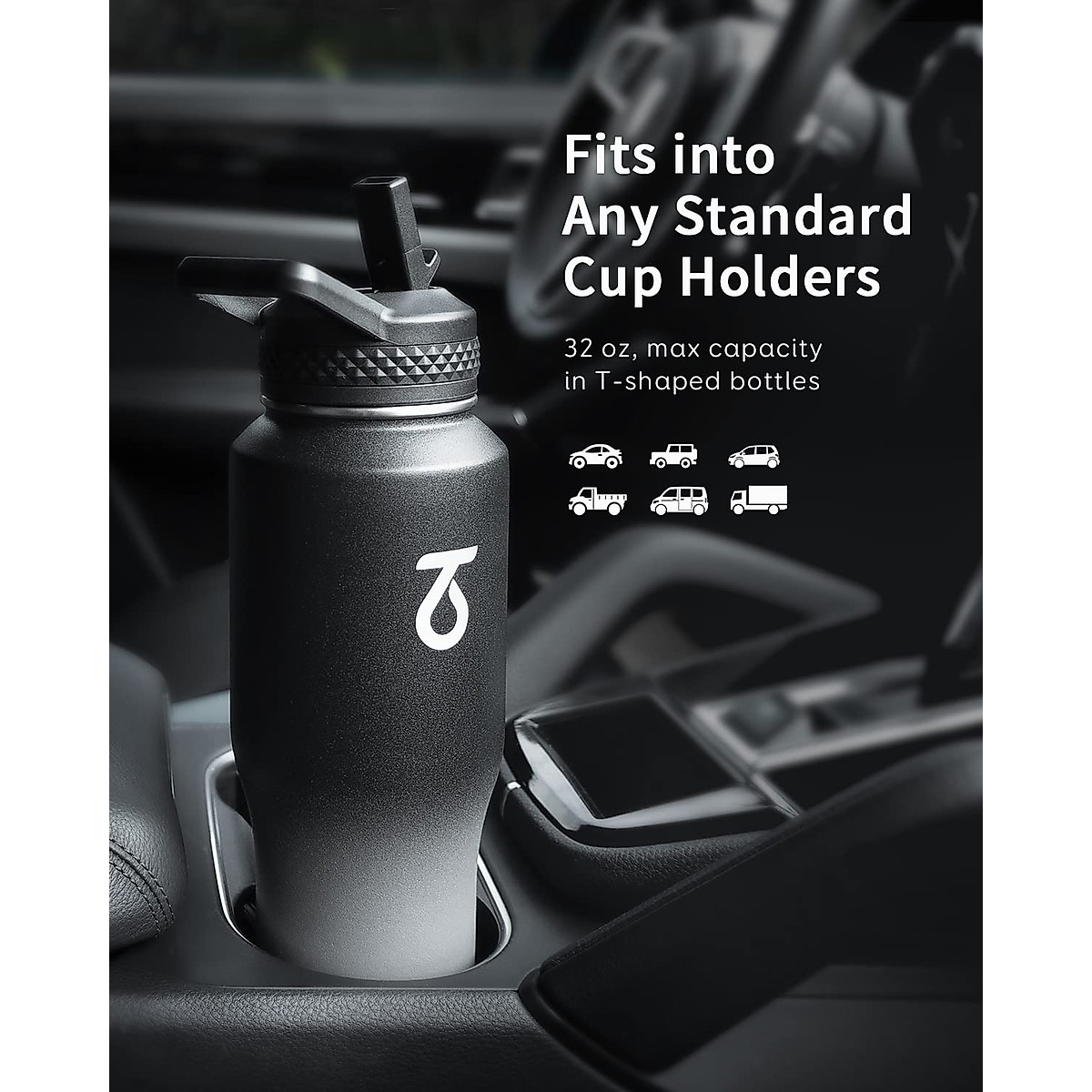 Trebo Water Bottle 32oz with Paracord Handle,Food-grade Double Wall Vacuum Stainless Steel Insulated Tumbler Flask with Straw Spout Lids,Leakproof Keep Cold & Hot,Fit in Any Car Cup Holder,Dark Gray