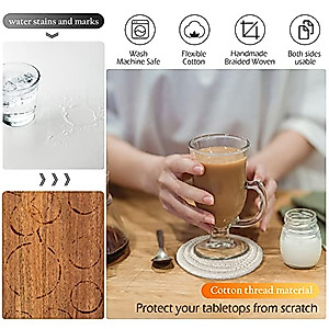 GeeRic 6 Pcs Bar Coasters for Drinks, Handmade Braided Woven Drink Coaster Set, Beermat Beverage Coaster 4.3” Non Slip Coasters, White