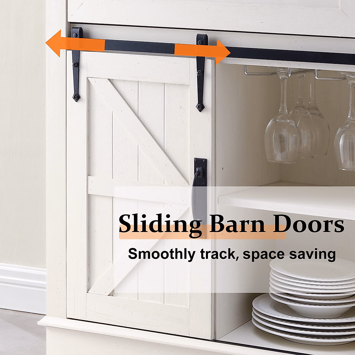 OKD Farmhouse Coffee Bar, 32 Inch Buffet Sideboard with Sliding Barn Door, Drawer, Adjustable Storage Shelves, Wood Accent Floor Cupboard Cabinet for Kitchen, Dining Room, Living Room, Antique White