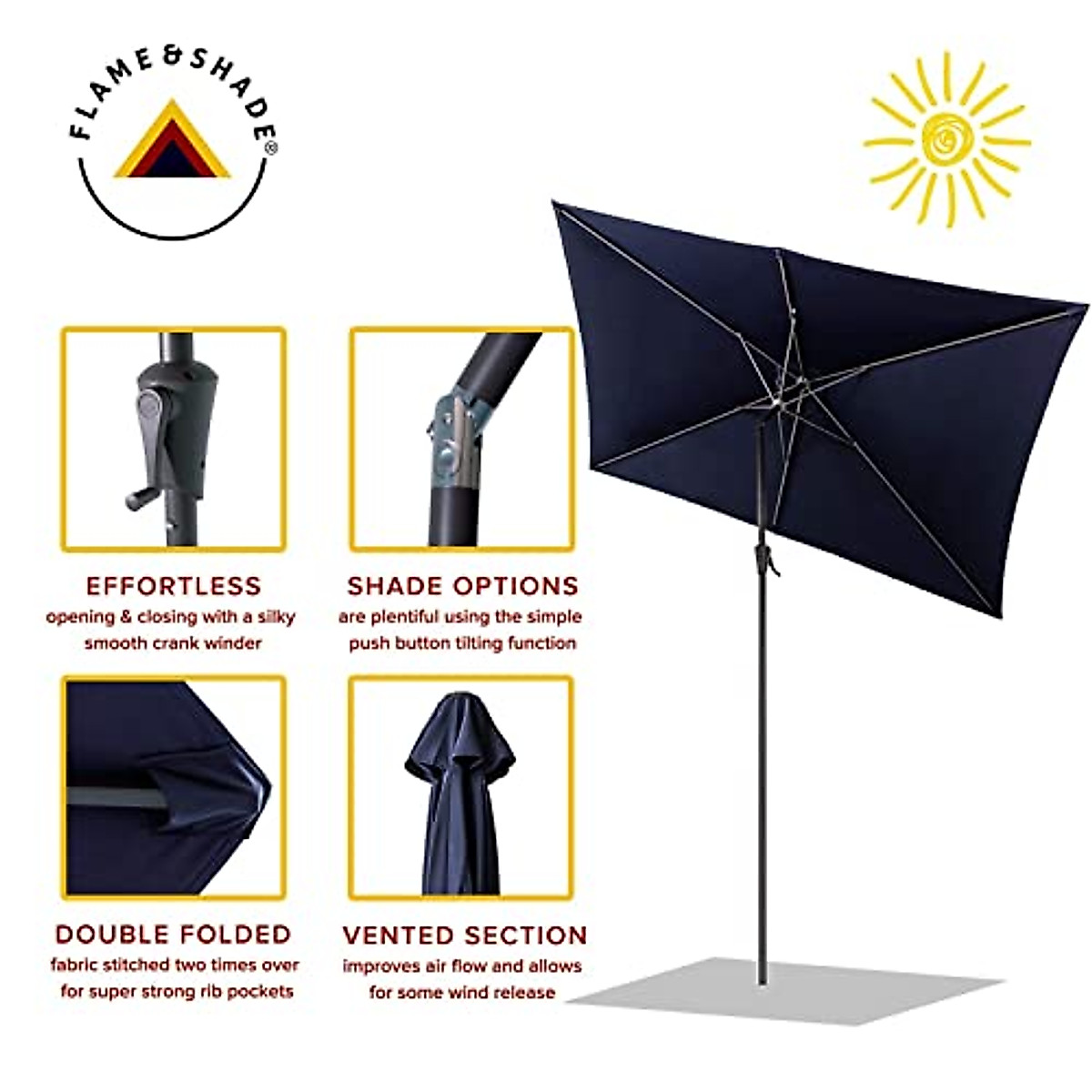 FLAME&SHADE 6.5 x 10 ft Rectangular Outdoor Market Patio Table Umbrella with Tilt, Navy Blue