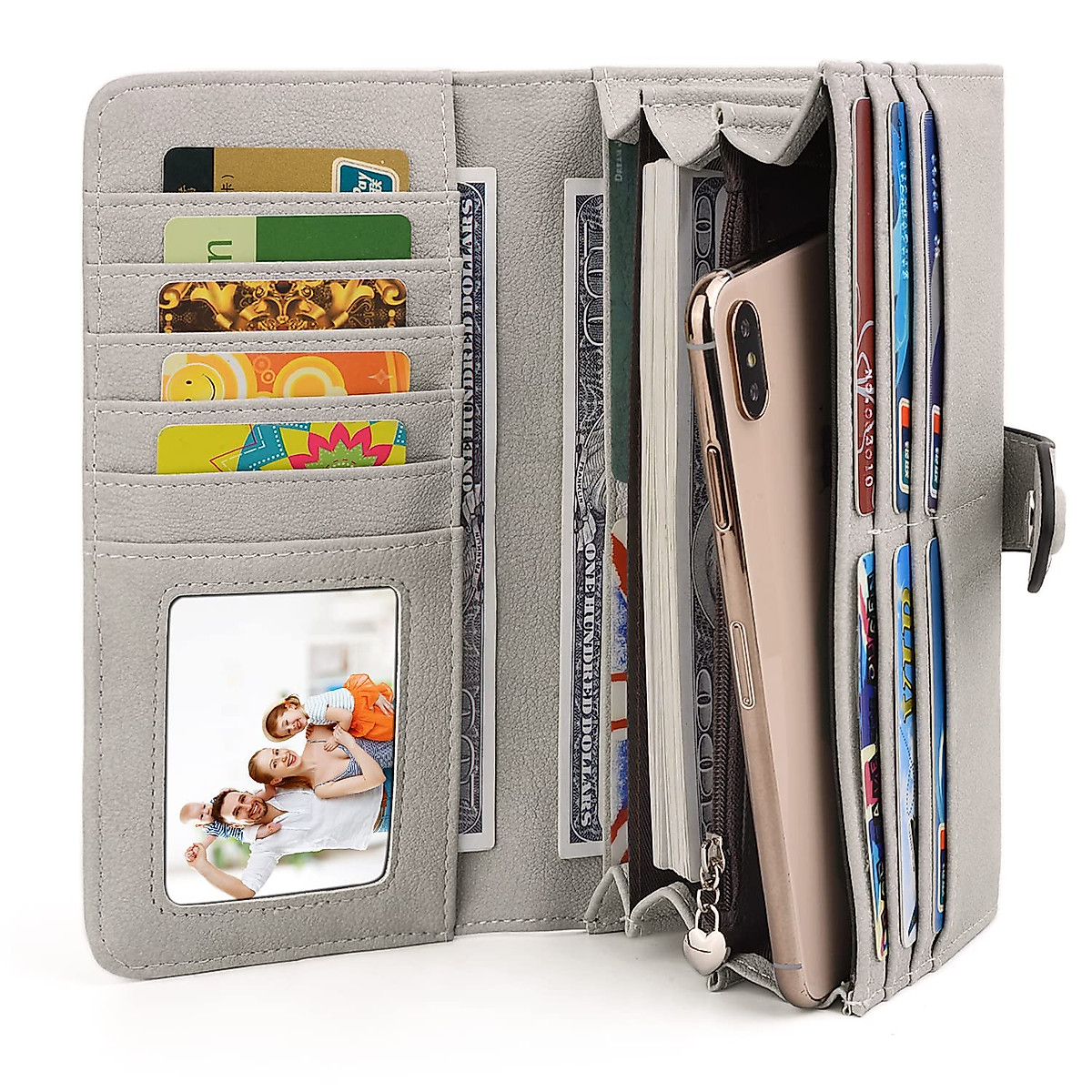 UTO RFID Wallet for Women Vegan Leather 18 Card Slots Card Holder Long Bifold Checkbook 5.5" Phone Blocking Tech Wallet Grey