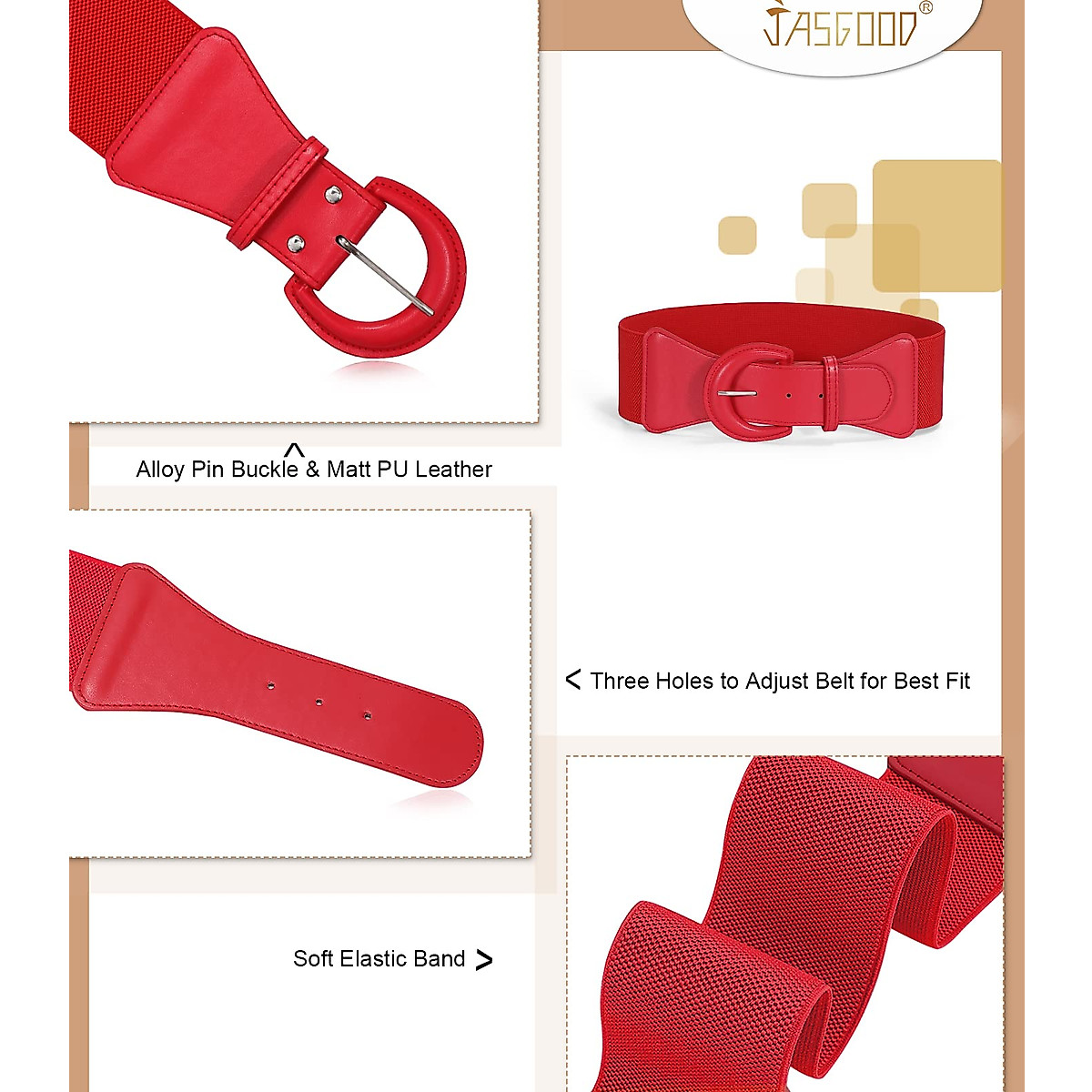 JASGOOD Women Retro Wide Stretchy Waist Belt, Vintage Chunky Buckle Red Belts for Dress