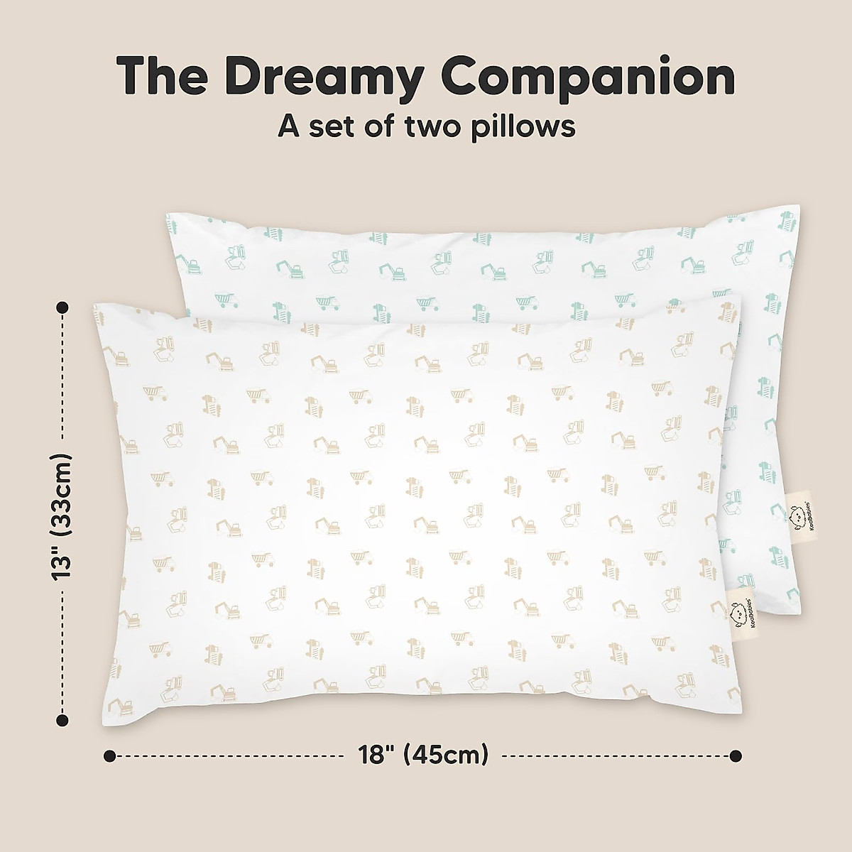 KeaBabies 2-Pack Toddler Pillow 13x18 - Soft Organic Cotton Kids Travel Bed Pillows for Sleeping, School, Nap, Machine Washable, Toddlers 2 to 5, Pillowcase Sold Separately (Excavator)
