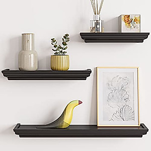 Ballucci Set of 3 Crown Molding Style Floating Wall Shelves, Wooden Ledges for Living Room, Bedroom, Bathroom, Kitchen, Office; 24, 16, 12" - Black