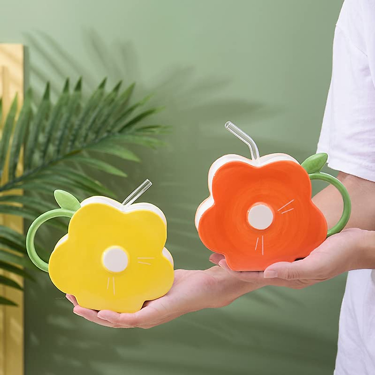 berjaya 13 oz Flower Shaped Ceramic Mug with Straw and Lid Large Capacity Coffee Home Decoration Gift (yellow)