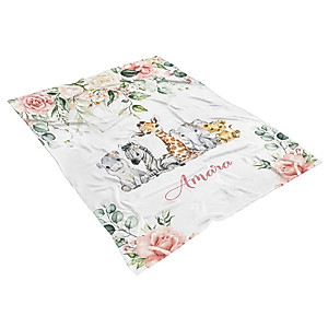 Safari Blanket, Personalized Baby Girl Blanket, Safari Animal Set Baby Girl Blanket for Baby, Elephant Bedding, Decor, Super Soft Plush Blanket for Baby, 30 x 40 in