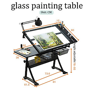 Drawing Table Drafting Desk, Glass Drafting Table Art Desk, Height Adjustable Drawing Desk Art/Craft Desk Paintings Work Station W/ 2 Storage Drawers and Stool for Craft Station Studio Home Office Sch