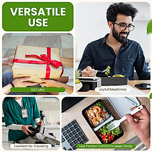 Stackable Bento Lunch Box for Adults with Utensils - Leakproof Bento Box Adult Lunch Box Containers w/ Compartments & Dividers, BPA-Free, Microwave/Dishwasher Safe, 5" x 7" x 4.5", Black w/ Strap