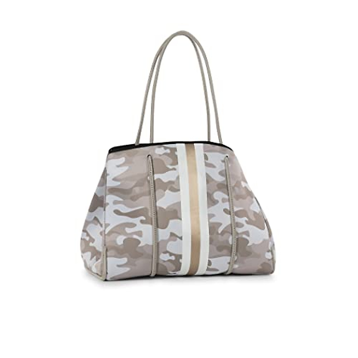 Haute Shore - Greyson Sahara Neoprene Tote Bag wZipper Wristlet Inside, Beige Camo WWhite & Rosegold Stripe