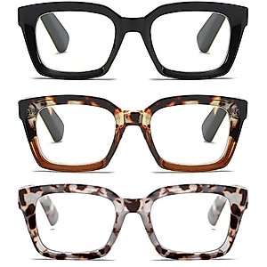 LOUOL 3 Pack Readers for Women Oprah Style Square Reading Glasses with Spring Hinge Blue Light Blocking for Men Ladies +2.0