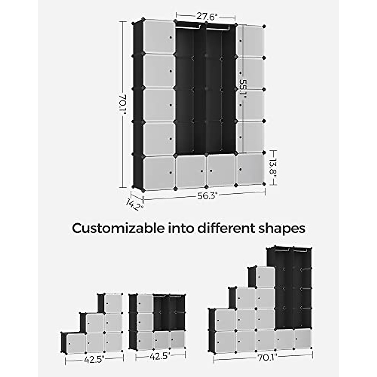 SONGMICS Cube Storage Organzier Portable Wardrobe Closet, 12 Cubes DIY Plastic Armoire Cabinet Modular Shelves Unit with Doors and Hanging Rods for Bedroom, Black ULPC301B01