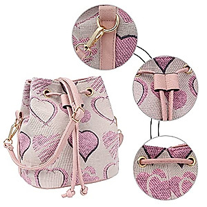 ZLM BAG US Women Girls Faux Leather Drawstring Bucket Bag Pink Heart Print Hobo Shoulder Purse Mini Crossbody Bag