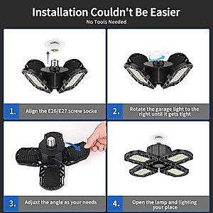 Lazzgan LED Garage Light, 120W LED Garage Ceiling Lights with 4 Deformable Panels, Extra Bright 12000LM E26 High Bay LED Shop Lighting Fixtures for Garage, Basement