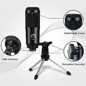 ARCHEER USB Microphone for PC, Condenser Gaming Microphone for Computer Laptop MAC or Windows, Mini Streaming Mic for Podcast YouTube Video Singing Cardioid Studio Recording Plug and Play, Black