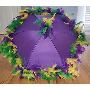 New Orleans Mardi Gras Green Second Line Parasol Umbrella with Purple, Green, Yellow Feather Accent