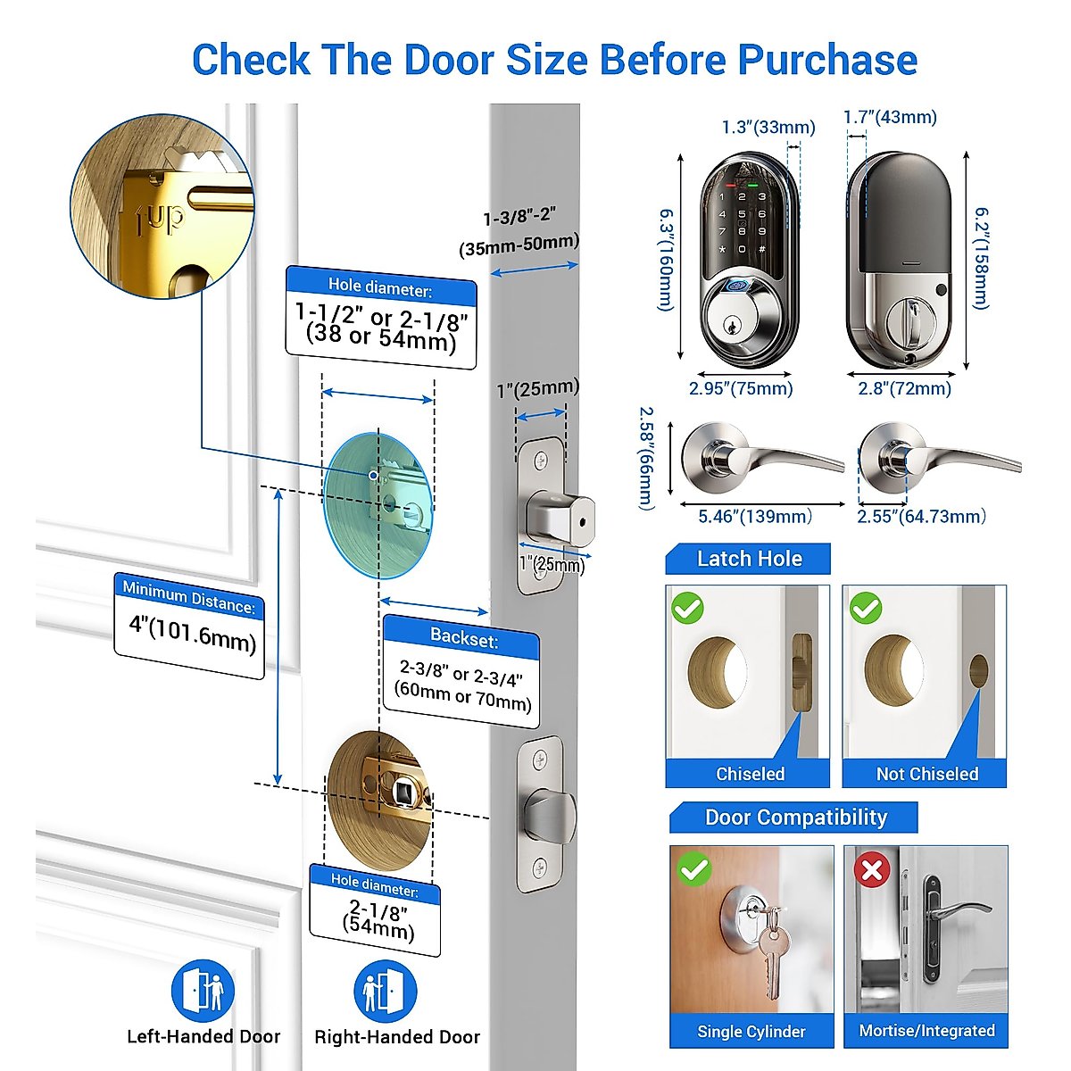 Veise Smart Locks for Front Door, 2 Lever Handles, Fingerprint Keyless Entry, App Control Biometric Door Lock Set, Electronic Digital Touchscreen Keypad Deadbolt, Easy Install, Auto Lock, Satin Nickel