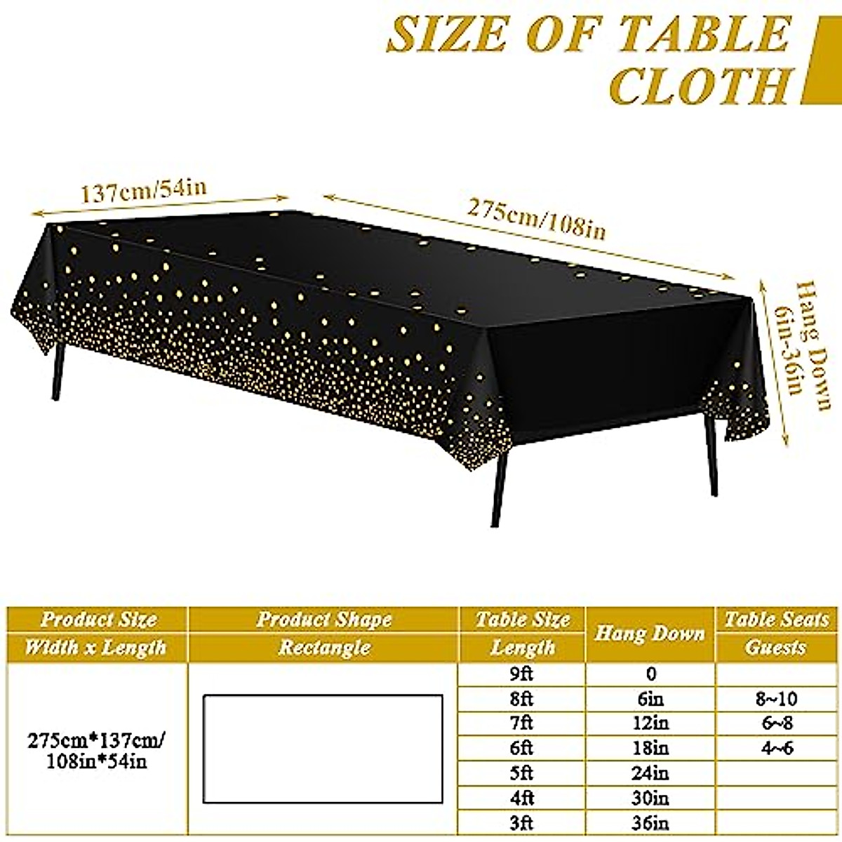 4 Pack Plastic Table Cloth Cover for Parties Disposable, Black and Gold Tablecloth for 8 Foot Rectangle Tables, Birthday Wedding Graduation Father Valentine's Day Easter Party Supplies Decorations