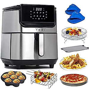 Yedi Evolution Air Fryer, 6.8 Quart, Stainless Steel, Ceramic Cooking Basket, with Deluxe Accessory Kit and Recipe Book