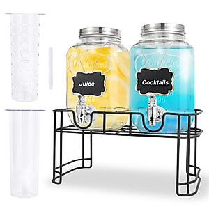 1 Gallon Glass Drink Dispensers For Parties-Set of 2,Drink Dispenser with Ice Core,Fruit Infuser & Stand,Juice or Beverage Dispenser for BBQ, Picnic, Party,Laundry Detergent Dispenser