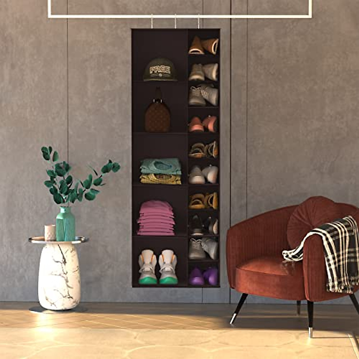 coastal rose Hanging Closet Storage Organizer, 15 Sections Closet Organizers and Storage Shelves Shoe Rack Holder Hanger, Coffee