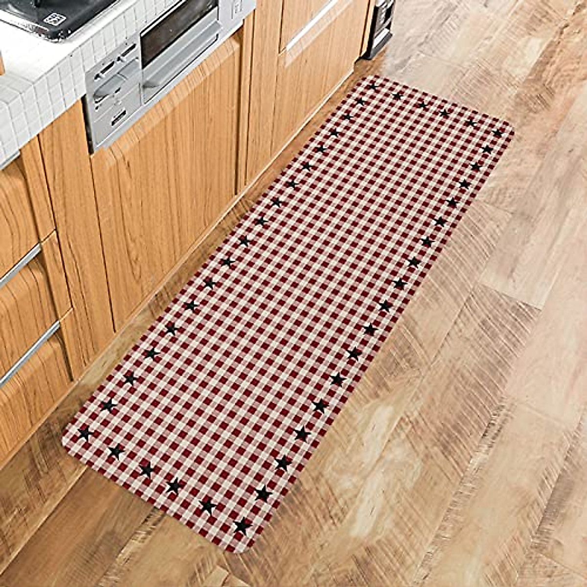 Libaoge Kitchen Mat Rug 1 PCS Country Star Berry Red Buffalo Plaid Runner Rug Anti-Fatigue Comfort Memory Foam Standing Mat Non-Slip Floor Door Mat for Bathroom Bedroom 16x47in