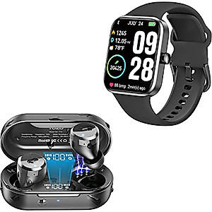 TOZO T12 2022 Wireless Earbuds Bluetooth 5.3 Headphones Black & TOZO S2 44mm 2023 Smart Watch Alexa Built-in Fitness Tracker Black