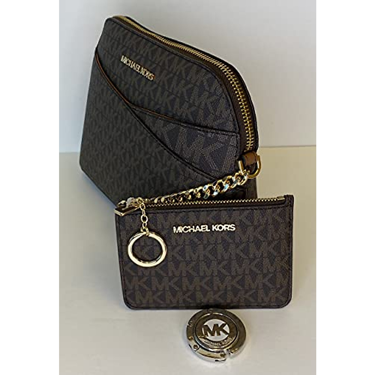 Michael Kors MICHAEL Michael Kors Jet Set Travel MD Dome XCross Crossbody bundled with SM TZ Coinpouch Purse Hook (Signature MK Brown)