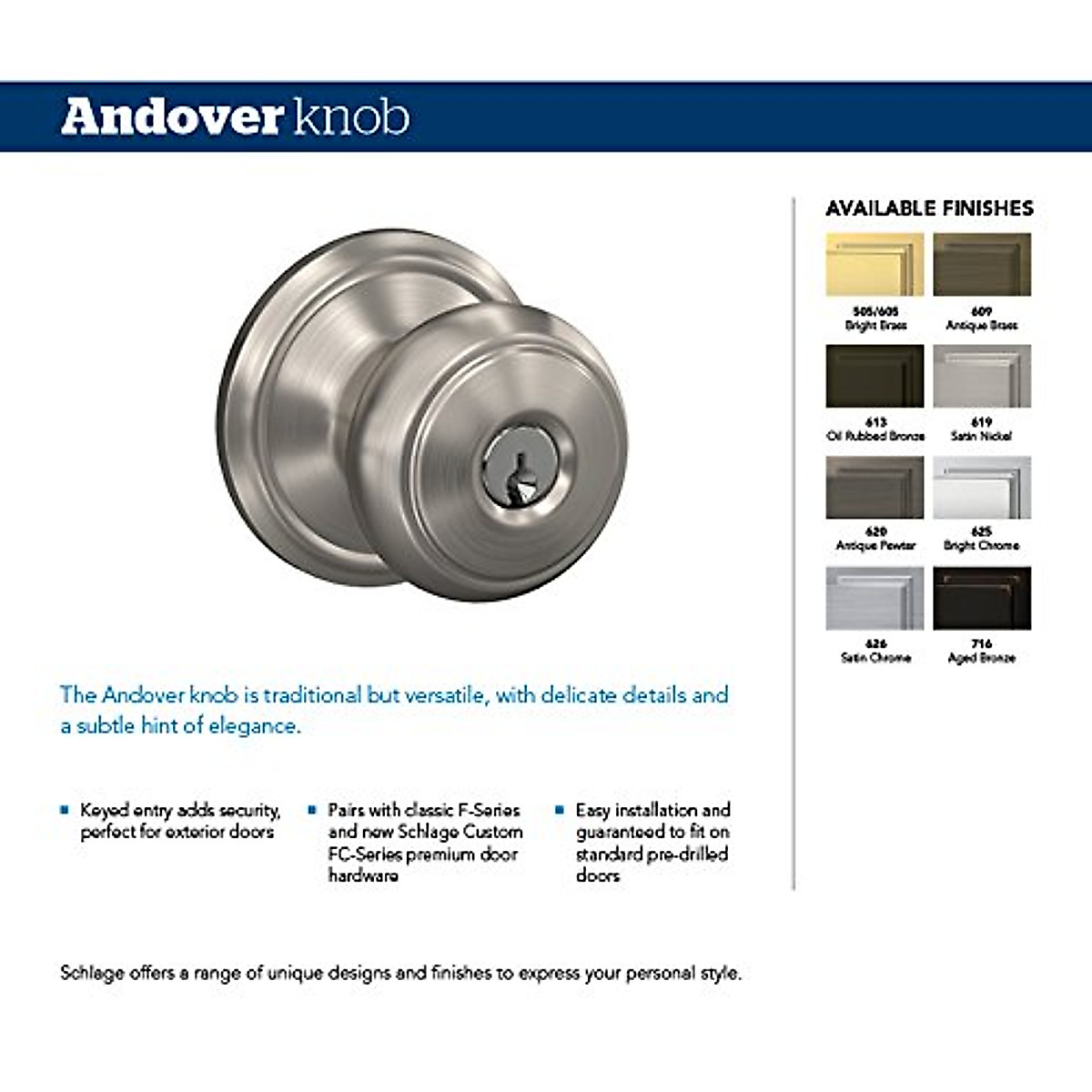 SCHLAGE F51A AND 716 CAM Andover Knob with Camelot Trim Keyed Entry Lock, Aged Bronze