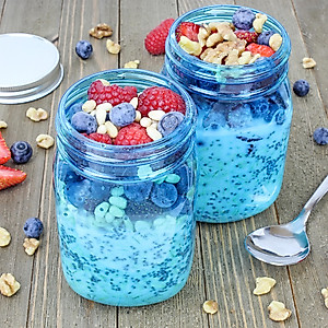 Cornucopia Brands 16oz PLASTIC Mason Jars (8-Pack, Blue w/Silver Metal Lids); PET BPA-Free Mason Jars w/One Piece Lids, 2-Cup/Pint Capacity