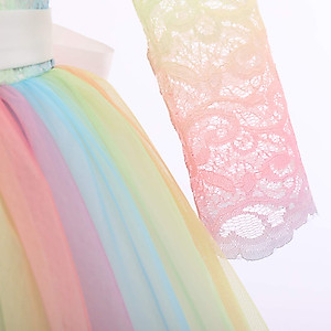 Baby Girls 3/4 Sleeve Floral Lace Tulle First Communion Pageant Holiday Dresses Kids Big Girls Princess Birthday Carnival Christmas Baptism Christening Birthday Prom Ball Gown Rainbow-White 7-8 Years