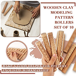 Lzttyee Set of 10 Wooden Handle Pottery Tools Clay Modeling Pattern Rollers Kit Brown (Set of 10)