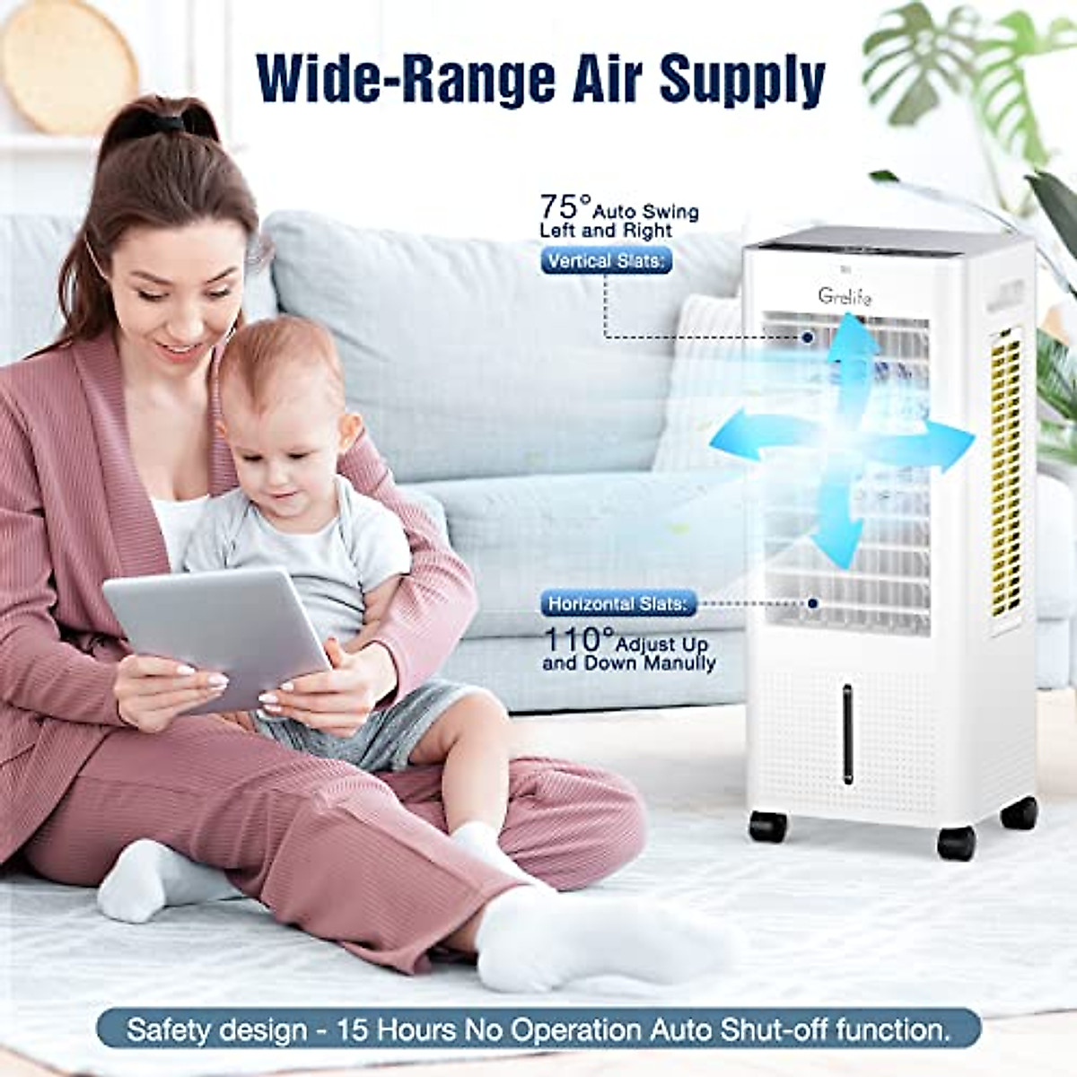 Grelife Evaporative Air Cooler, Portable Cooling Fan with 75° Oscillating, Humidifying, 1.58Gal Water Tank, 4 Ice Packs, Remote Control, 3 Speeds, 12H Timer, Personal Swamp Cooler for Room Home Office