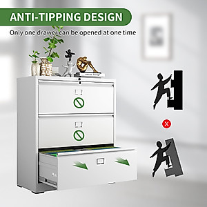 VIYET Lateral File Cabinet with Lock,3 Drawer Metal Filing Cabinets for Home Office,Storage Cabinet for Hanging Files Letter/Legal/F4/A4 (White)