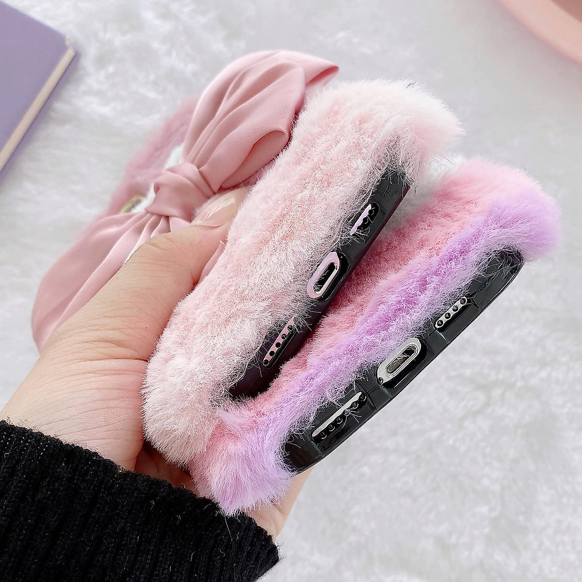 HFICY Girly Faux Fur Phone Case with 2 Pack Glass Screen Protector Films,Cute Silk Bow Soft Fluffy Furry Shockproof Protective Phone Cover for Women (Purple,for Oppo Reno 6 PRO 5G)