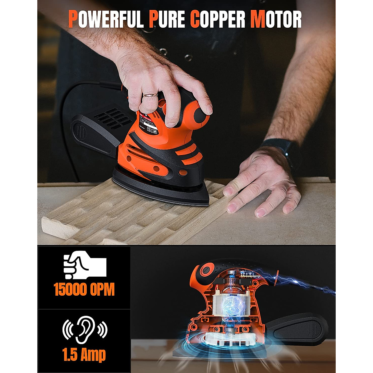 DWT Detail Sander, 1.5A 15000 OPM Electric Sander with 24pcs Sandpapers, Efficient Dust Collection System & Detail Finger Attachment, Soft Grip Handle, Compact Hand Sander for Woodworking